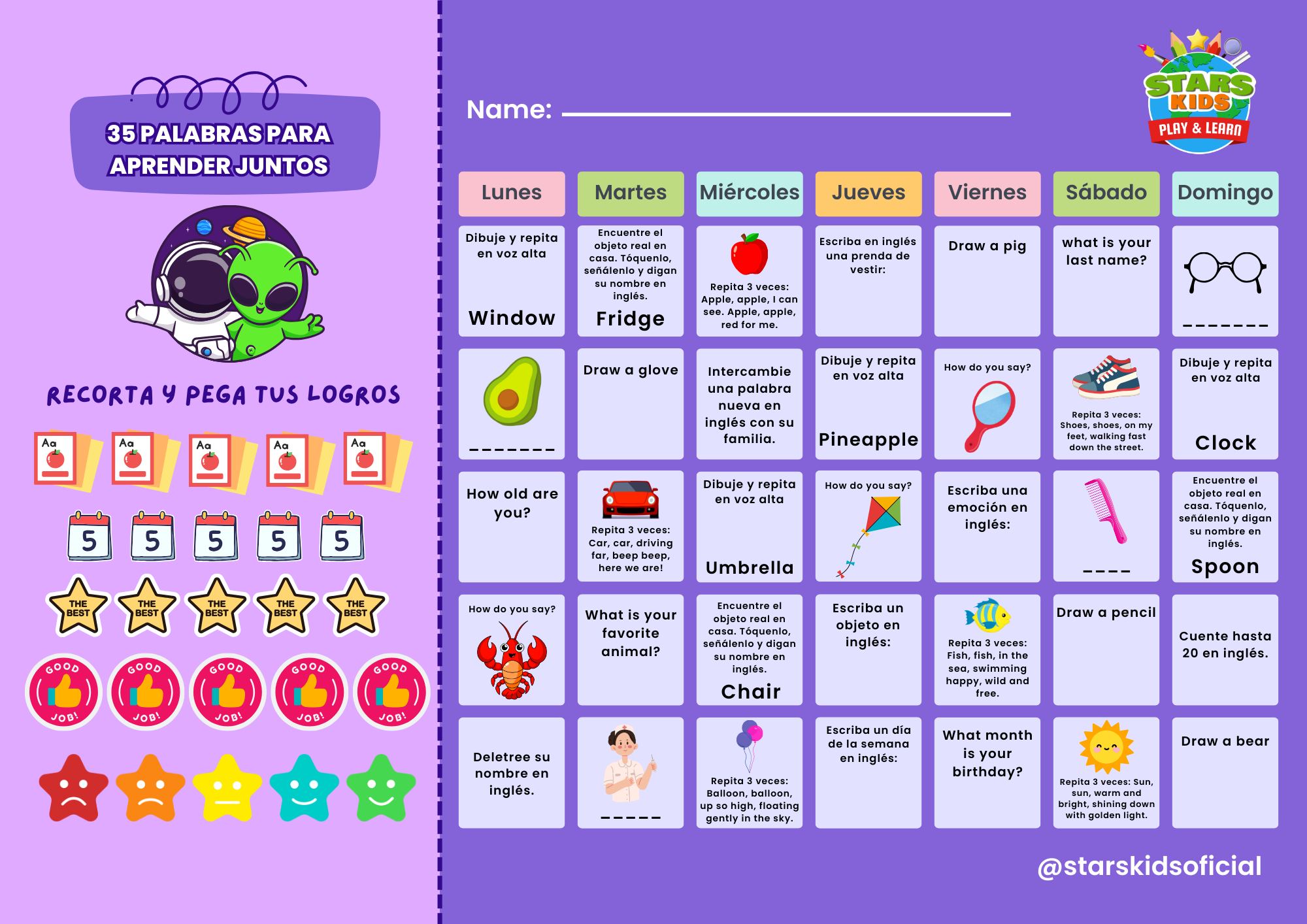 Calendario con 35 palabras para aprender inglés